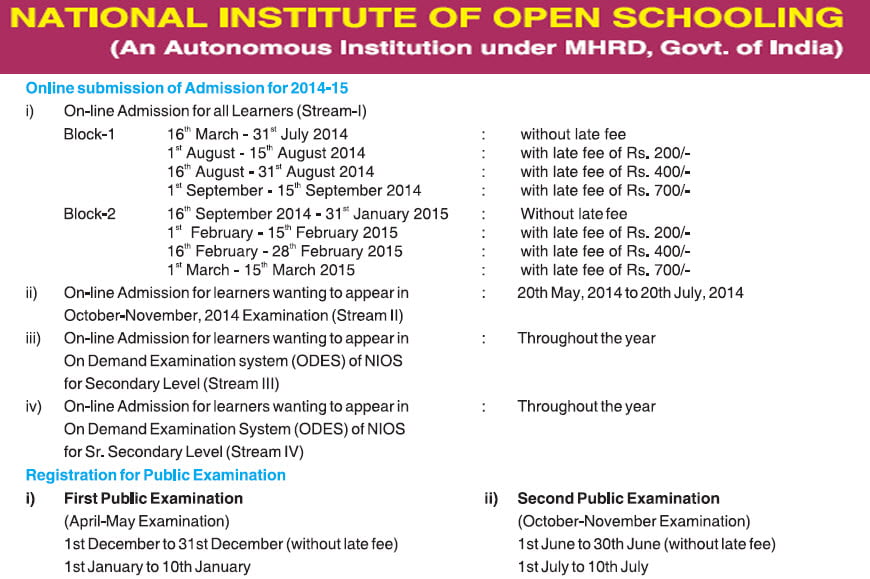 NIOS Xth/XIIth Open Schooling Registration (CBSE/CISCE)- 2015