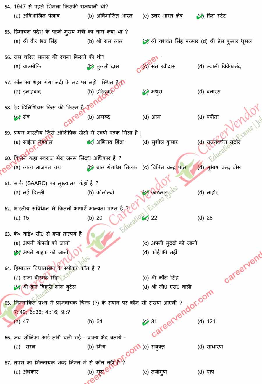 HP Police Constable #21 June Exam Answer Key 2015